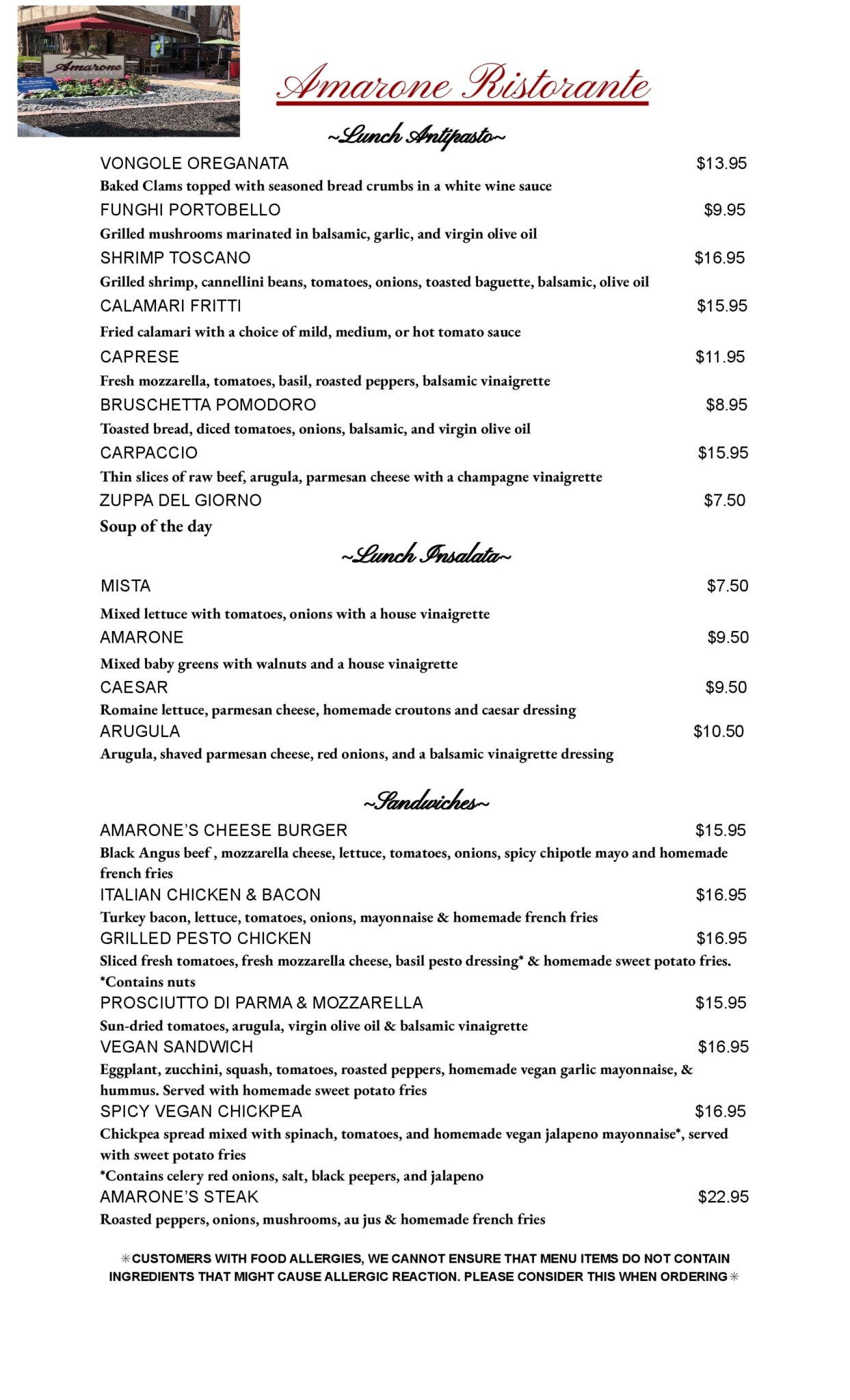 Lunch Menu - Amarone Ristorante | Authentic Italian Cuisine in Teaneck ...